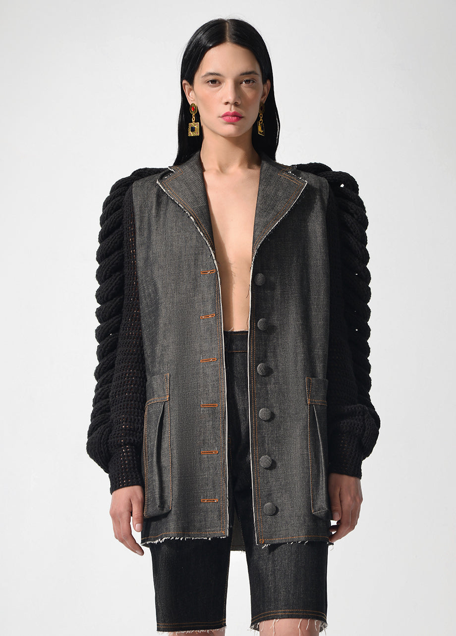 Black Denim Blazer With Statement Sleeves – TATA LA