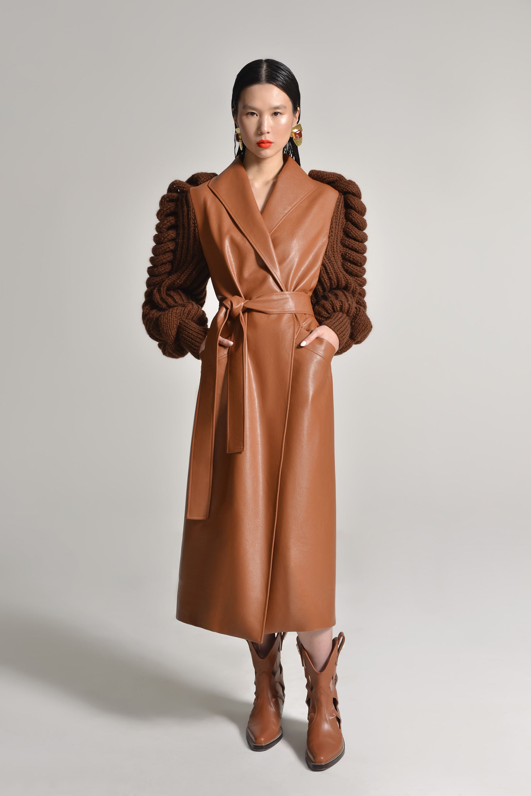 Faux Leather Coat With Knitted Sleeves – TATA LA