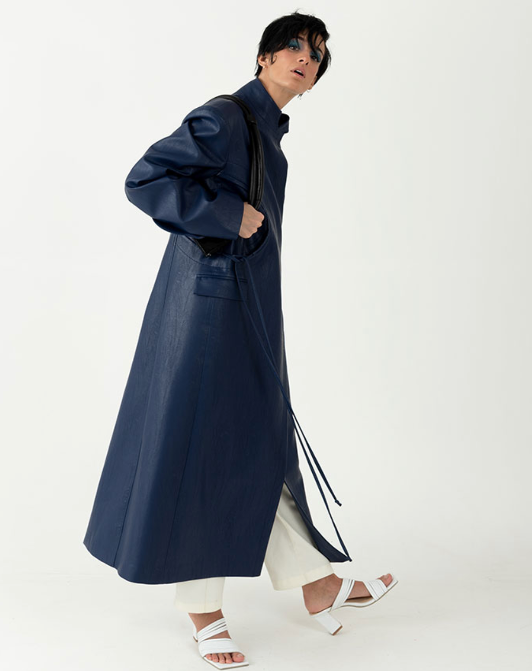 Blue Faux Leather Trench Coat – TATA LA